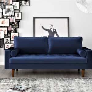 US Pride Furniture Mid Century Modern Velvet Living Room Furniture with Bolster Pillows, Button Tufted Seats, Track Arms and Solid Wood Legs, Sofa, Blue