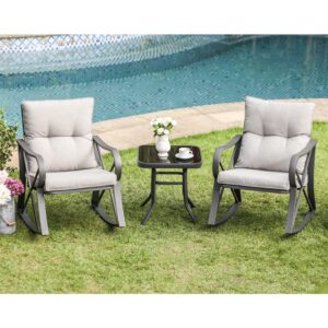 COSIEST 3 Piece Bistro Set Patio Rocking Chairs Outdoor Furniture w Warm Gray Cushions, Glass-Top Table for Garden, Pool, Backyard