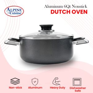 Alpine Cuisine 6 Quart Non-stick Stock Pot with Tempered Glass Lid and Carrying Handles, Multi-Purpose Cookware Aluminum Dutch Oven for Braising, Boiling, Stewing