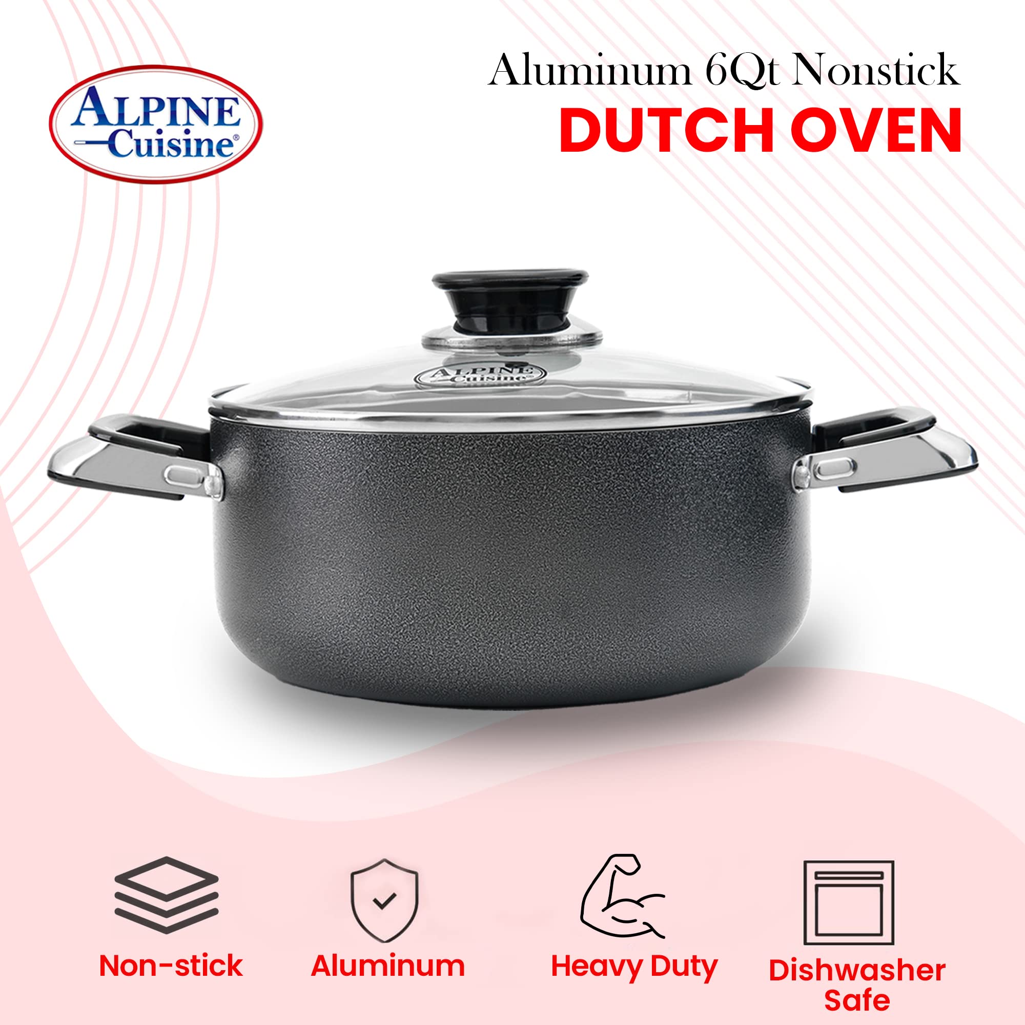 Alpine Cuisine 6 Quart Non-stick Stock Pot with Tempered Glass Lid and Carrying Handles, Multi-Purpose Cookware Aluminum Dutch Oven for Braising, Boiling, Stewing