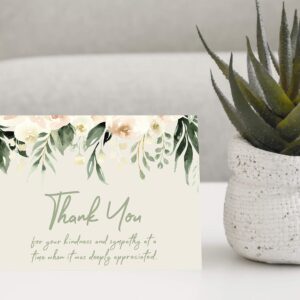 MPC Brands In Memory Of Blank Funeral Thank You Cards - Sympathy Bereavement Thank You Cards With Envelopes - Message Inside (25, Sage Floral)