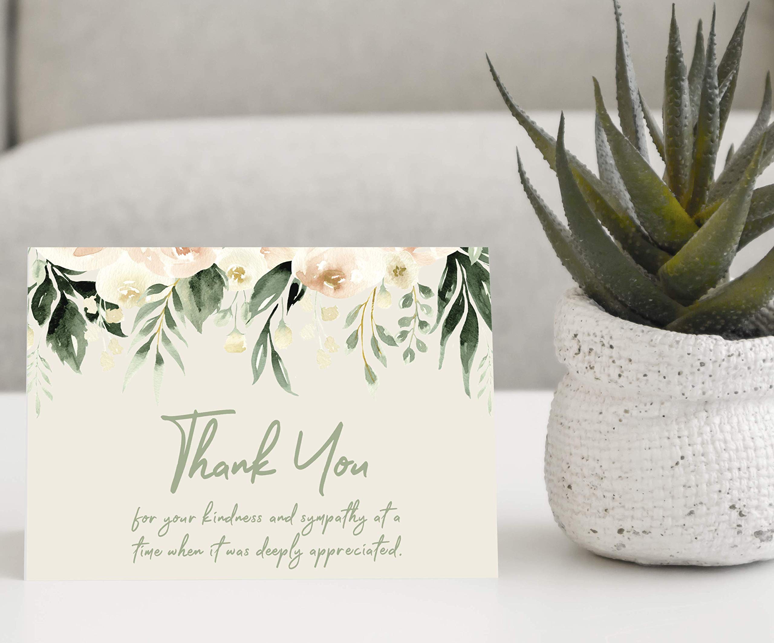 MPC Brands In Memory Of Blank Funeral Thank You Cards - Sympathy Bereavement Thank You Cards With Envelopes - Message Inside (25, Sage Floral)