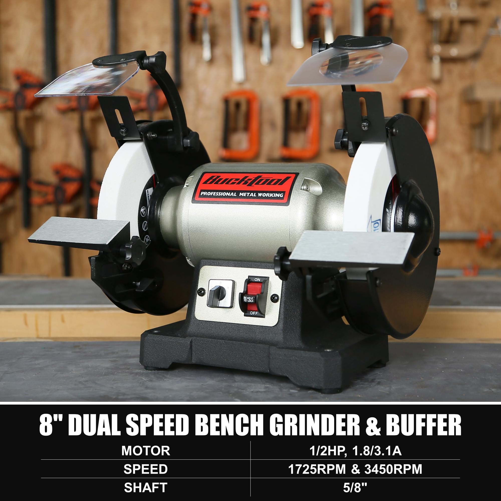 BUCKTOOL 8 inch Dual Speed Bench Grinder & Buffer, Professional Low High Speed Bench Grinder Buffer with Cast Iron Base TDS-200DS