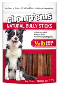 chomp'ems naturally delicious bully sticks - long lasting no hide dog chews - no artificial flavors, colors, or preservatives - protein rich alternative to rawhide, 8 oz.