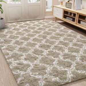 lochas luxury shag area rug 5x8 feet geometric plush fluffy rugs, extra soft carpet moroccan rugs for bedroom living room dorm kids, high pile shaggy floor rug decor, beige and white