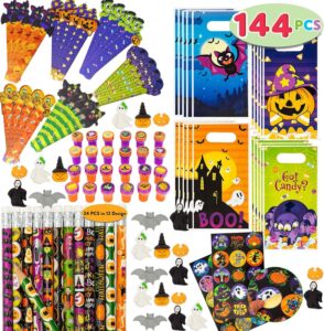 joyin 144 pieces 24 pack assorted halloween themed stationery kids gift set trick treat price party favor toy including halloween pencils, rulers, stickers, stamps and erasers in trick or treat bags