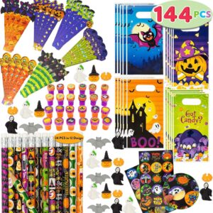 JOYIN 144 Pieces 24 Pack Assorted Halloween Themed Stationery Kids Gift Set Trick Treat Price Party Favor Toy Including Halloween Pencils, Rulers, Stickers, Stamps and Erasers in Trick or Treat Bags