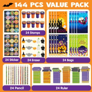 JOYIN 144 Pieces 24 Pack Assorted Halloween Themed Stationery Kids Gift Set Trick Treat Price Party Favor Toy Including Halloween Pencils, Rulers, Stickers, Stamps and Erasers in Trick or Treat Bags