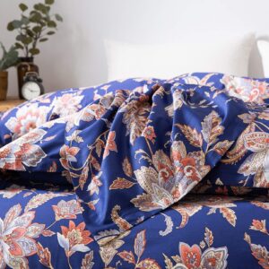 Eikei Home Luxury Jacobean Floral Garden 3 Piece Duvet Cover Set Beige Blue English Vintage Floral Pattern 100-percent Cotton (Queen)