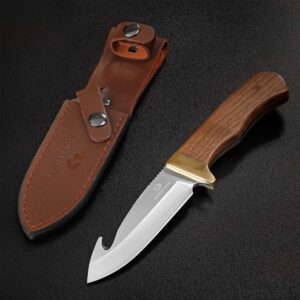 Mossy Oak Fixed Blade Gut Hook Knife, 9.5-inch Full Tang Field Processing Knife - Wooden Handle, Leather Sheath Included, for Skinning, Hunting, Outdoors