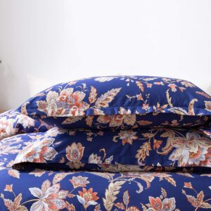 Eikei Home Luxury Jacobean Floral Garden 3 Piece Duvet Cover Set Beige Blue English Vintage Floral Pattern 100-percent Cotton (Queen)