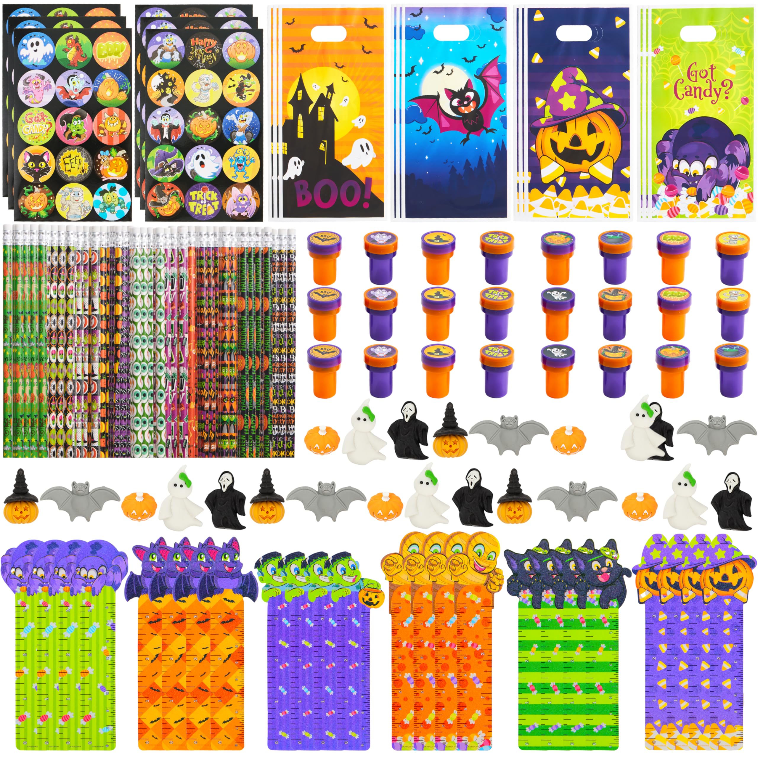 JOYIN 144 Pieces 24 Pack Assorted Halloween Themed Stationery Kids Gift Set Trick Treat Price Party Favor Toy Including Halloween Pencils, Rulers, Stickers, Stamps and Erasers in Trick or Treat Bags