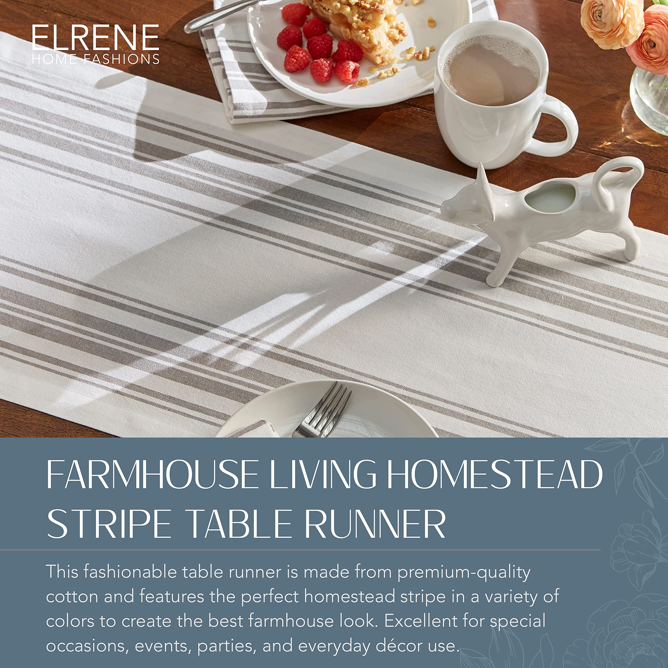 Elrene Home Fashions Living Homestead Stripe Table Runner, Farmhouse Kitchen Decor for Holiday or Everyday Use, 13" x 70", Gray/White