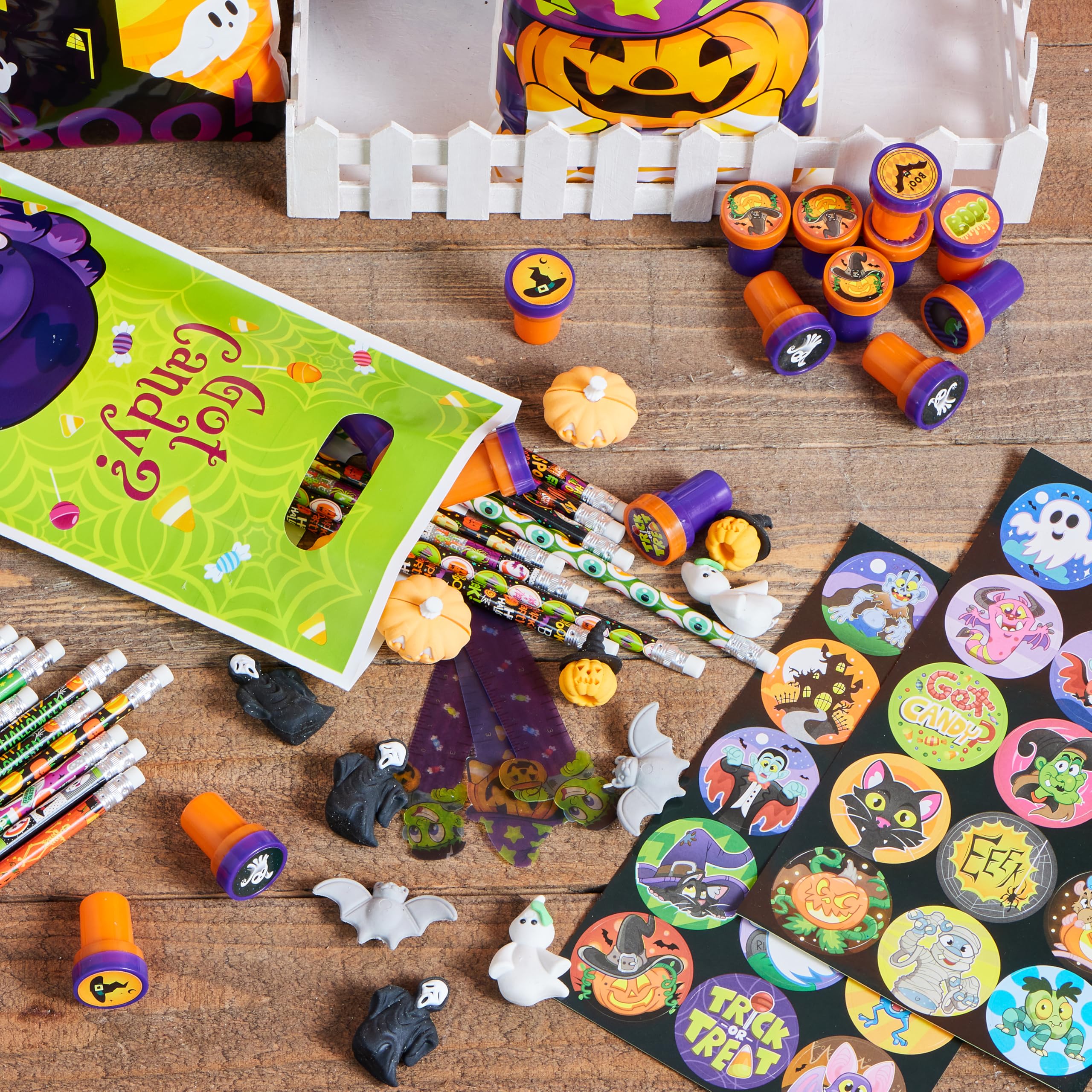 JOYIN 144 Pieces 24 Pack Assorted Halloween Themed Stationery Kids Gift Set Trick Treat Price Party Favor Toy Including Halloween Pencils, Rulers, Stickers, Stamps and Erasers in Trick or Treat Bags