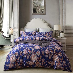 eikei home luxury jacobean floral garden 3 piece duvet cover set beige blue english vintage floral pattern 100-percent cotton (queen)