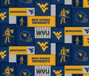 sykel enterprises west virginia university fleece blanket fabric-west virginia mountaineers fleece fabric with new patch pattern-sold by the yard