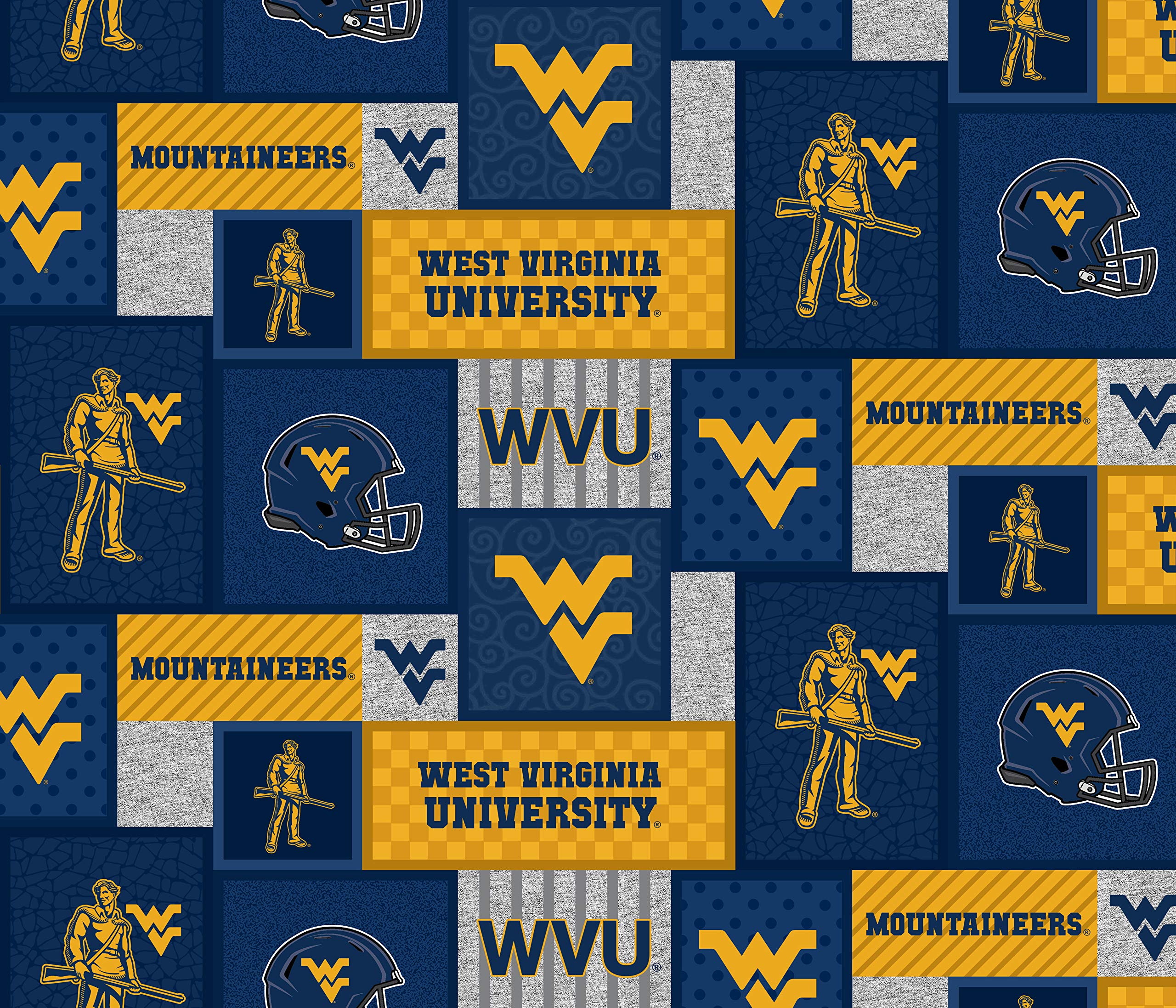 SYKEL ENTERPRISES WEST Virginia University Fleece Blanket Fabric-WEST Virginia Mountaineers Fleece Fabric with New Patch Pattern-Sold by The Yard