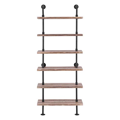 Danya B GH086 Industrial Decor - Modern Rustic 6-Tier Iron Pipe Wall Mount Ladder Shelving Unit in Distressed Wood Finish – Rustic Wood Bookshelf