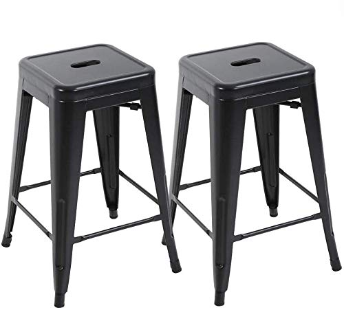 Bar Stools, Counter Indoor-Outdoor Stackable Metal Bar Stools Set of 2 Backless 24 Inch Restaurant Kitchen Dining Chairs Patio Bistro Pub Trattoria Tolix Industrial Stools Hold Up to 300Lbs, Black