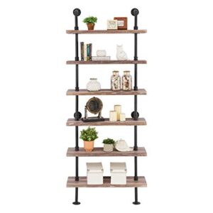 Danya B GH086 Industrial Decor - Modern Rustic 6-Tier Iron Pipe Wall Mount Ladder Shelving Unit in Distressed Wood Finish – Rustic Wood Bookshelf