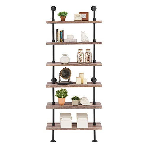 Danya B GH086 Industrial Decor - Modern Rustic 6-Tier Iron Pipe Wall Mount Ladder Shelving Unit in Distressed Wood Finish – Rustic Wood Bookshelf