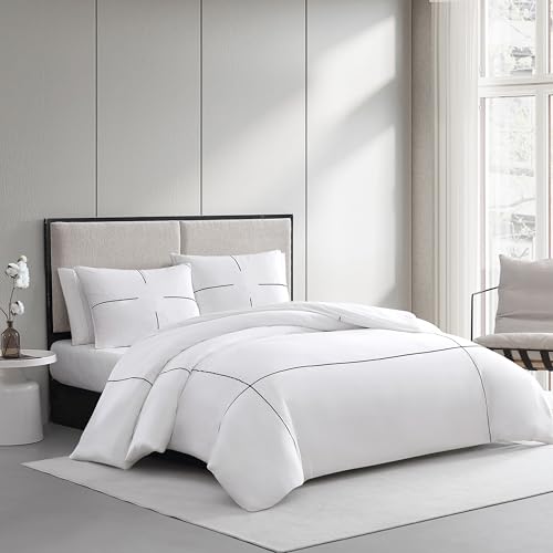 Vera Wang - King Duvet Cover Set, Luxury Cotton Sateen Bedding with Matching Shams, All Season Home Decor (Zig Zag White, King)