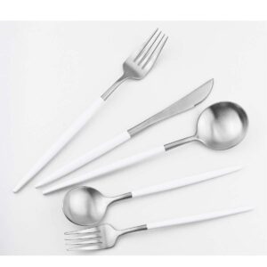 Gugrida White Silver Flatware, Royal 5-Piece Matte White Handle 18/10 Stainless Steel Tableware Sets for 1 Including Forks Spoons Knives, Camping Silverware Travel Utensils Set Cutlery (White Silver)