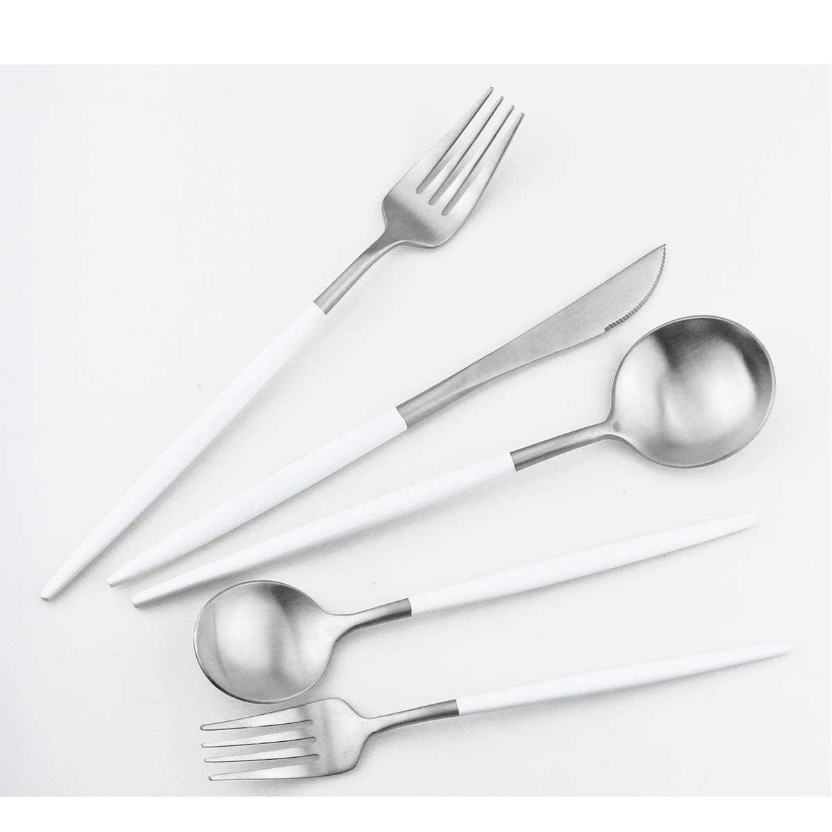 Gugrida White Silver Flatware, Royal 5-Piece Matte White Handle 18/10 Stainless Steel Tableware Sets for 1 Including Forks Spoons Knives, Camping Silverware Travel Utensils Set Cutlery (White Silver)