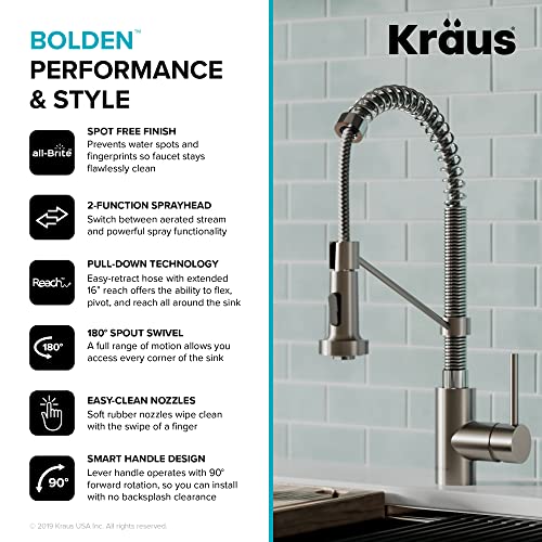 KRAUS Bolden Commercial Style 2-Function Single Handle Pull Down Kitchen Faucet in Spot-Free Stainless Steel/Chrome, KPF-1610SFSCH (Pack of 1)