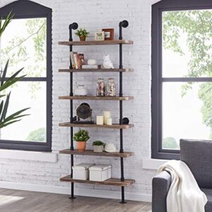 Danya B GH086 Industrial Decor - Modern Rustic 6-Tier Iron Pipe Wall Mount Ladder Shelving Unit in Distressed Wood Finish – Rustic Wood Bookshelf