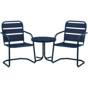 crosley furniture brighton 3-piece outdoor chair and side table set, retro metal patio conversation sets, navy