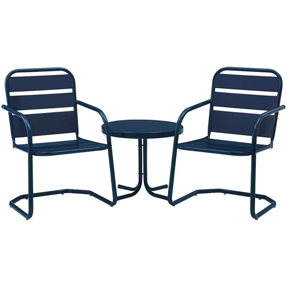 Crosley Furniture Brighton 3-Piece Outdoor Chair and Side Table Set, Retro Metal Patio Conversation Sets, Navy