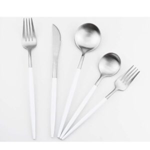 Gugrida White Silver Flatware, Royal 5-Piece Matte White Handle 18/10 Stainless Steel Tableware Sets for 1 Including Forks Spoons Knives, Camping Silverware Travel Utensils Set Cutlery (White Silver)