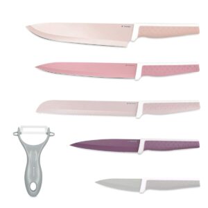 navaris knives and peeler set - 5 stainless steel kitchen knife & 1 ceramic blade peeler - pastel colour set with bread knife, paring knife and more