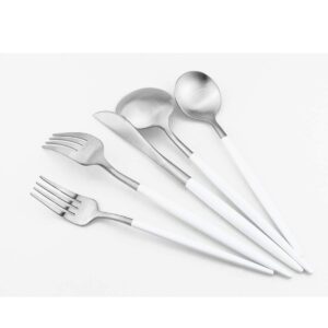 Gugrida White Silver Flatware, Royal 5-Piece Matte White Handle 18/10 Stainless Steel Tableware Sets for 1 Including Forks Spoons Knives, Camping Silverware Travel Utensils Set Cutlery (White Silver)