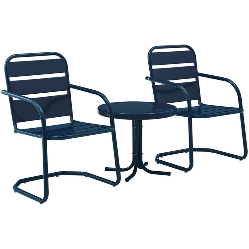 Crosley Furniture Brighton 3-Piece Outdoor Chair and Side Table Set, Retro Metal Patio Conversation Sets, Navy