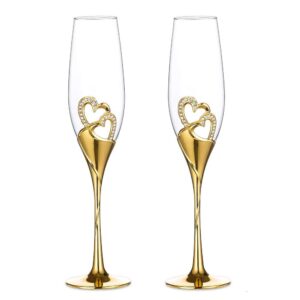 wedding champagne glass set gold toasting flute glasses deluxe pack of 2 with rhinestone rimmed hearts decoration for wedding, anniversary and special occasions