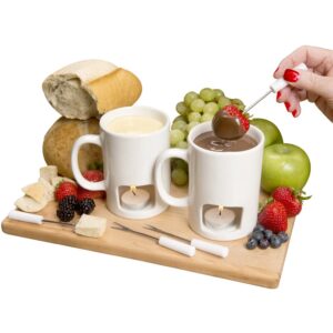 evelots fondue pot set for chocolate, cheese, candy (2 pack) mini ceramic fondue mugs gift set with 4 forks & 8 candles - great for date night birthday & wedding gifts