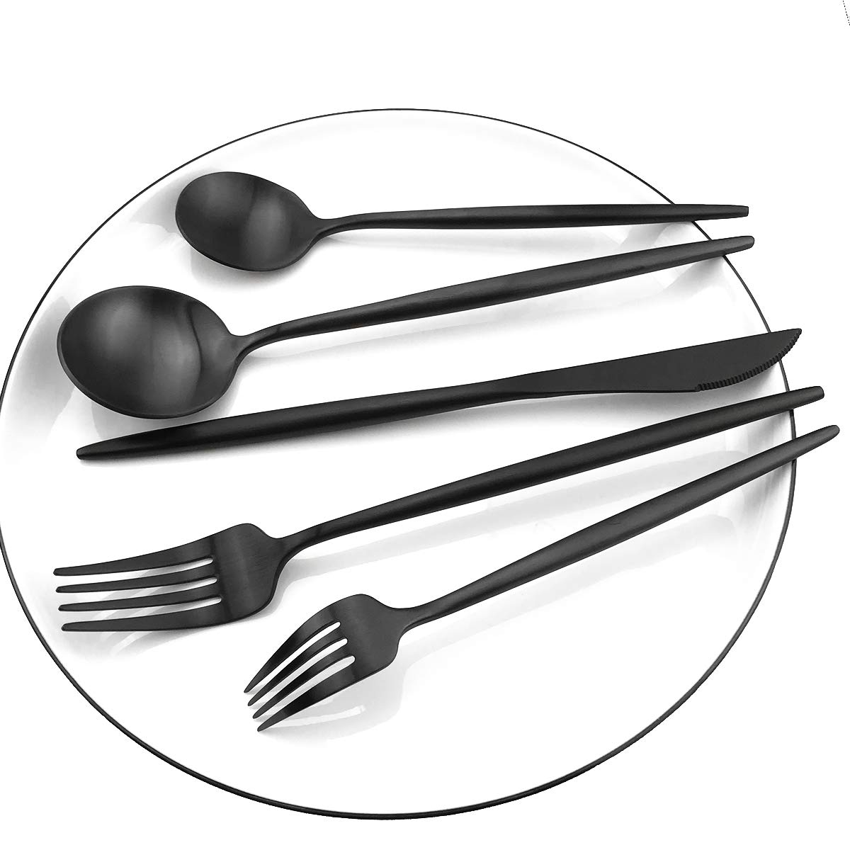 Gugrida Black Flatware, Royal 5 Piece Luxury Matte Finish 18/10 Stainless Steel Tableware Sets for 1 Including Forks Spoons Knives, Camping Silverware Travel Utensils Set Cutlery (Black)