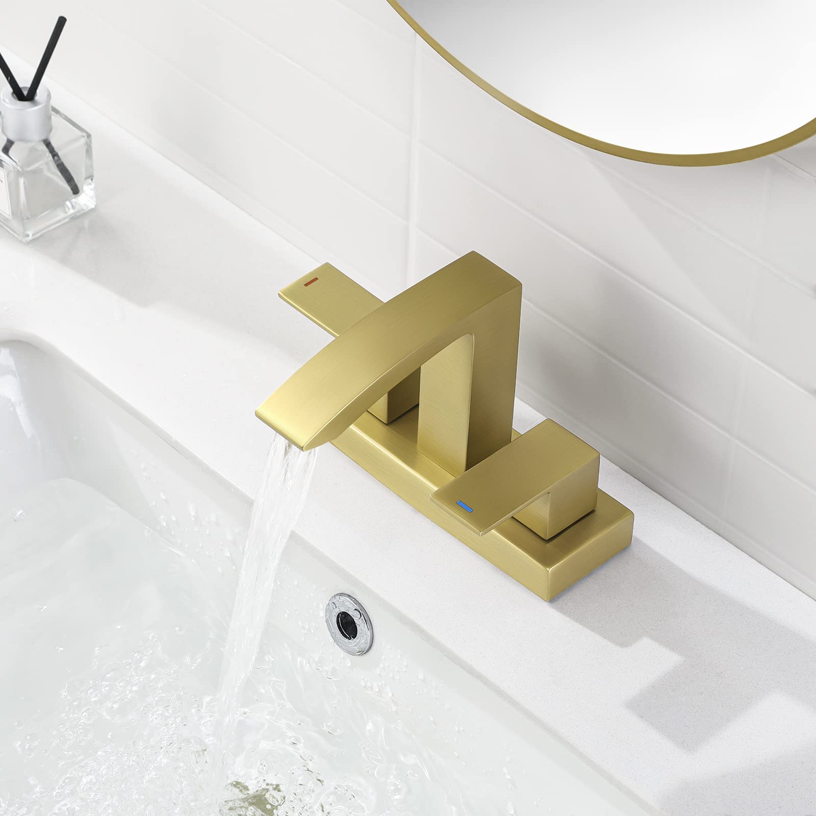 KES Brushed Gold Bathroom Faucet Two Handles 3 Hole 4 Inches Centerset Modern Vanity Brass Faucet, L4101LF-BZ