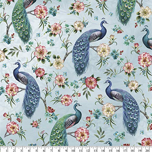 Floral Peacock Blue Cotton Fabric by The Yard