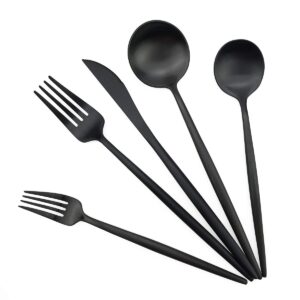 gugrida black flatware, royal 5 piece luxury matte finish 18/10 stainless steel tableware sets for 1 including forks spoons knives, camping silverware travel utensils set cutlery (black)