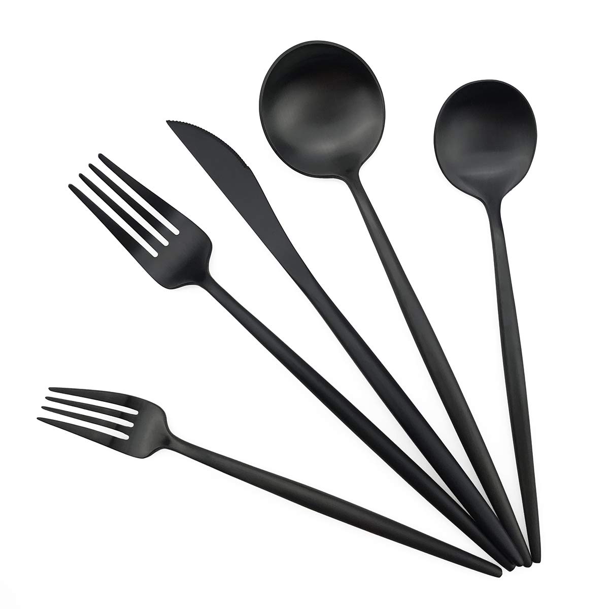 Gugrida Black Flatware, Royal 5 Piece Luxury Matte Finish 18/10 Stainless Steel Tableware Sets for 1 Including Forks Spoons Knives, Camping Silverware Travel Utensils Set Cutlery (Black)