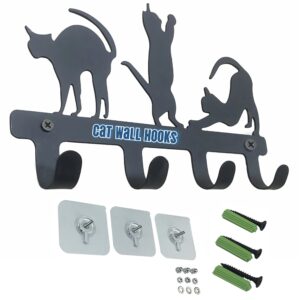 pands cute cat key holder coat hooks - decorative black metal wall hooks with adhesive stick on hooks, wall damage free, 9.45 x 6.3 inches