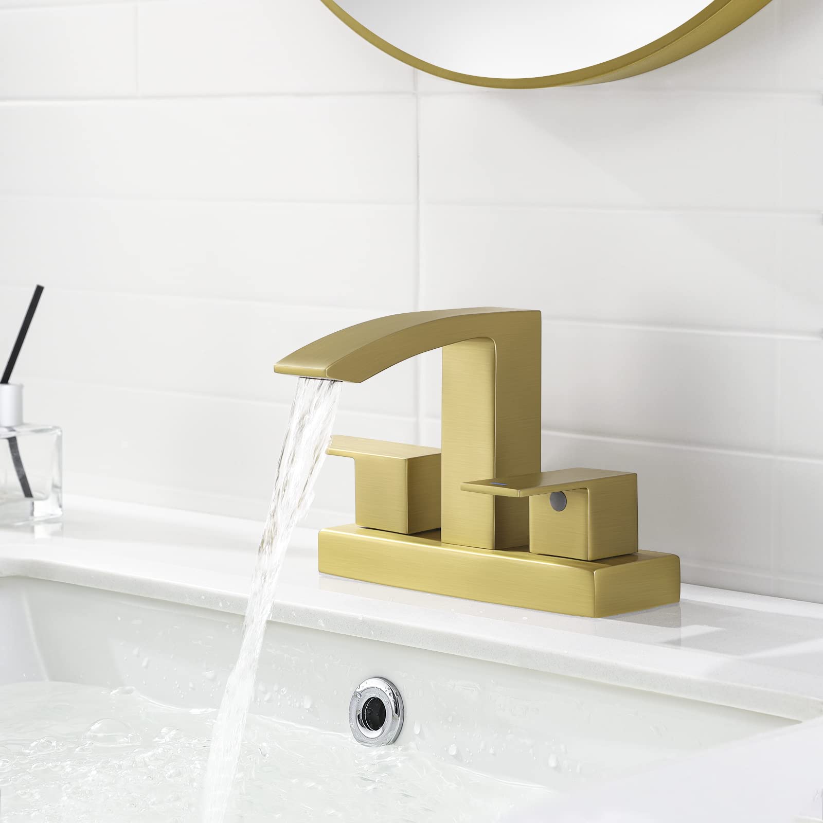 KES Brushed Gold Bathroom Faucet Two Handles 3 Hole 4 Inches Centerset Modern Vanity Brass Faucet, L4101LF-BZ