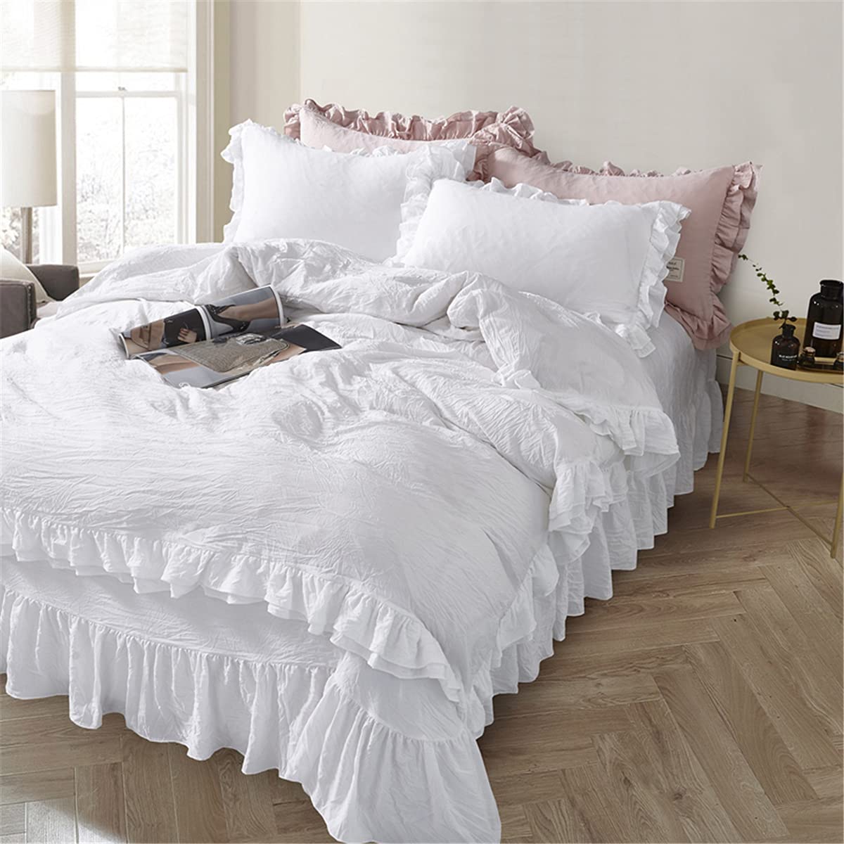 MOOWOO Ruffle Duvet Cover Set, Soft and Breathable Washed Microfiber 3pcs Bedding Set, Shabby Chic Farmhouse Duvet Cover and Pillow Shams, Zipper Closure & Corner Ties, Easy Care -(White, Queen)