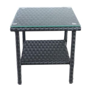 Rattaner Outdoor PE Wicker Rattan Side Table - Patio Rattan Garden Coffee End Square Table with Glass Top-2-layer Table Furniture, Black