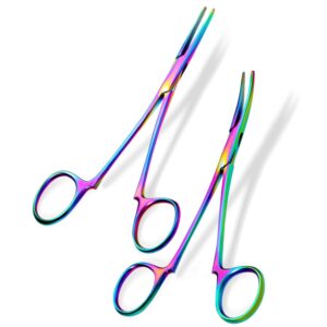 laja imports set of 2 non-locking hemostat straight & curved 5'' for ear care rainbow multi color