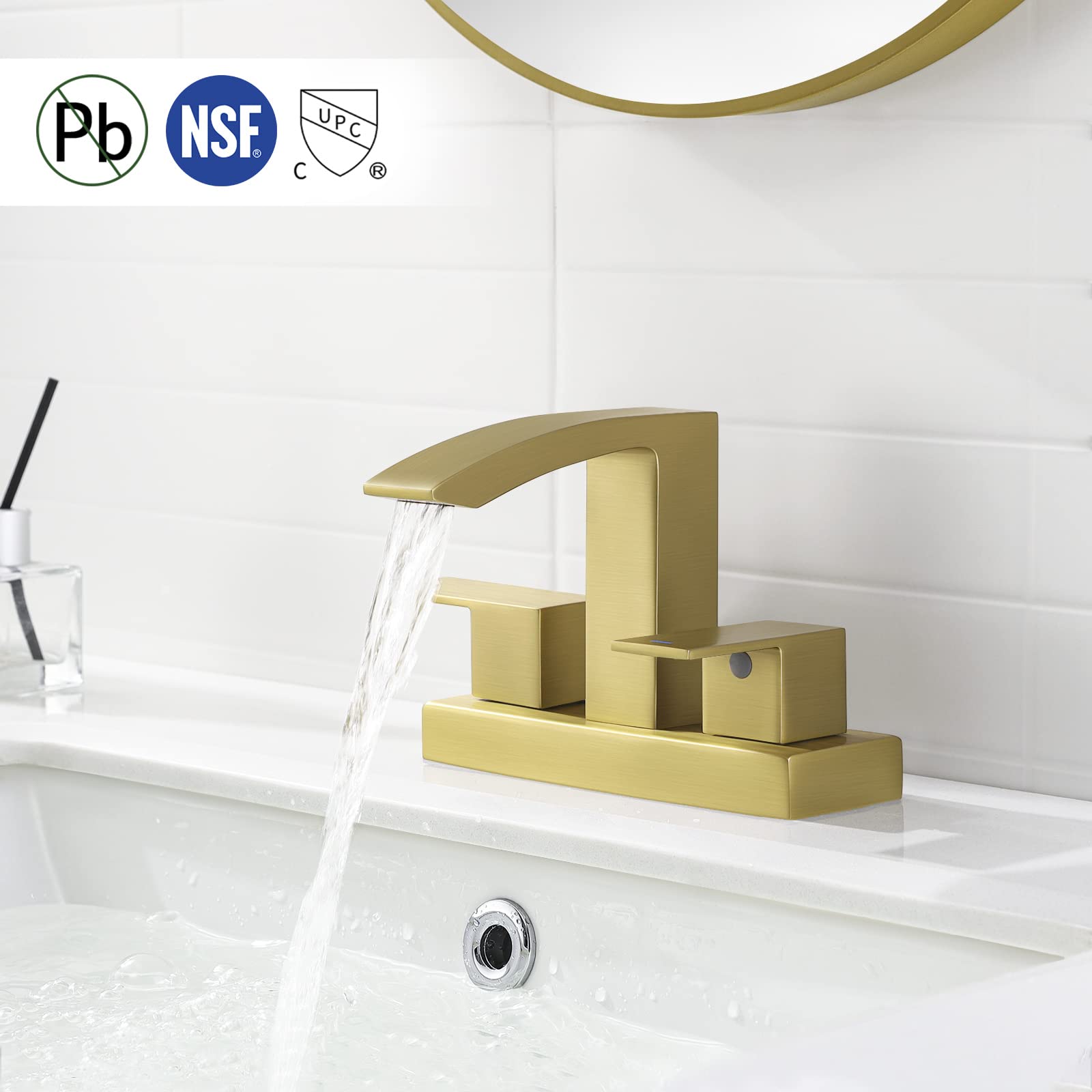 KES Brushed Gold Bathroom Faucet Two Handles 3 Hole 4 Inches Centerset Modern Vanity Brass Faucet, L4101LF-BZ