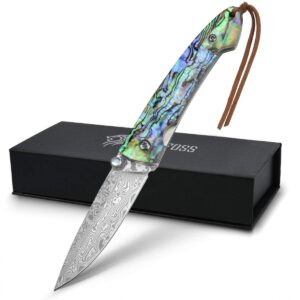 nedfoss pocket knife, damascus pocket knife with abalone shell handle, handmade forged damascus steel folding knife with gift box, excellent gifts for men women